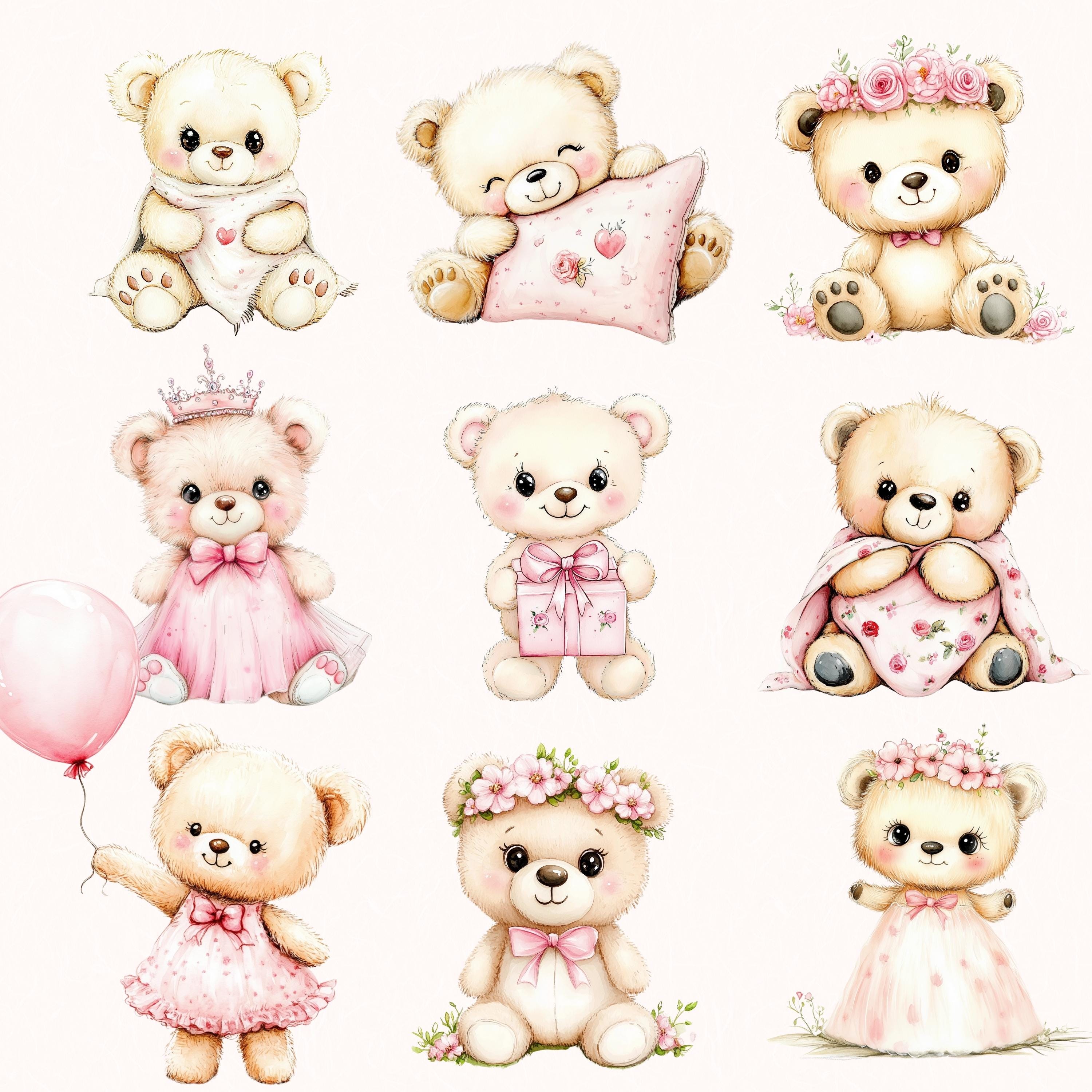 Pink Teddy Bear Clipart, Sleepy Teddy Bear PNG, Baby Girl Clipart, Girl ...