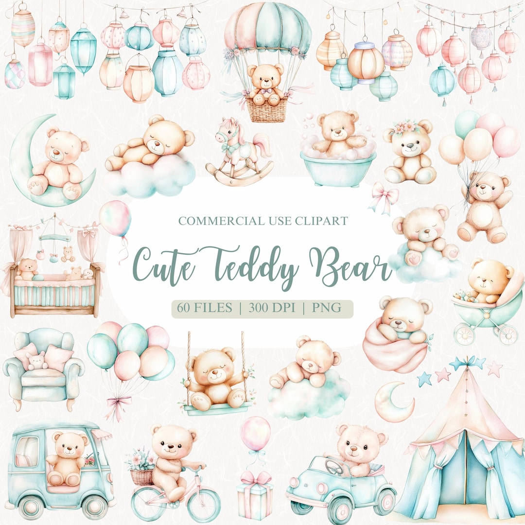 Watercolor Blue Teddy Bear Clipart, Cute Teddy Bear, Boy Nursery Decor ...