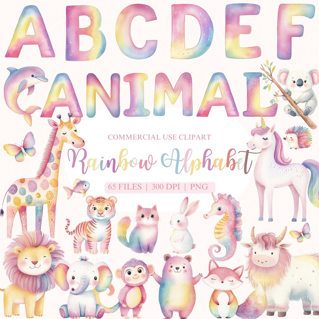 Rainbow Alphabet and Animal Clipart, Rainbow Numbers, Alphabet PNG ...