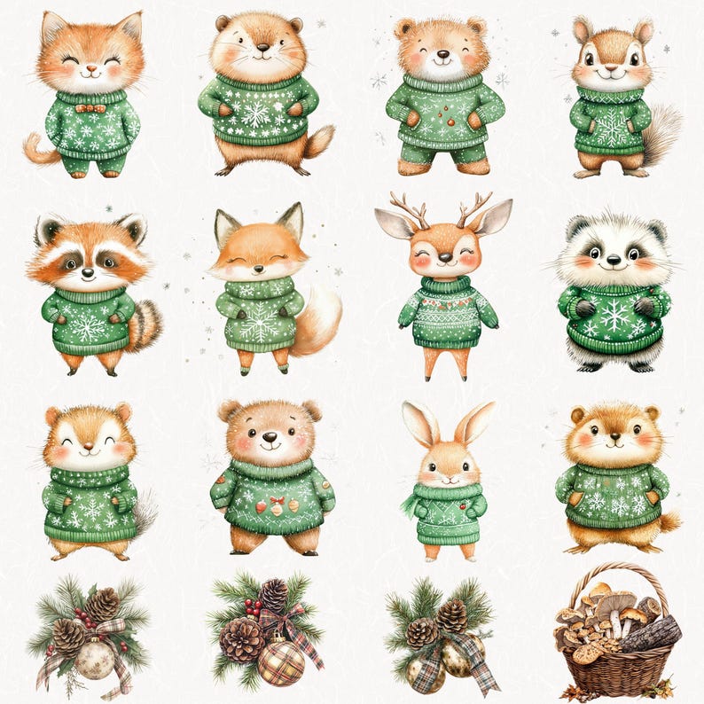 Christmas Woodland Animals Watercolor Clipart PNG, Cute Xmas Animals ...