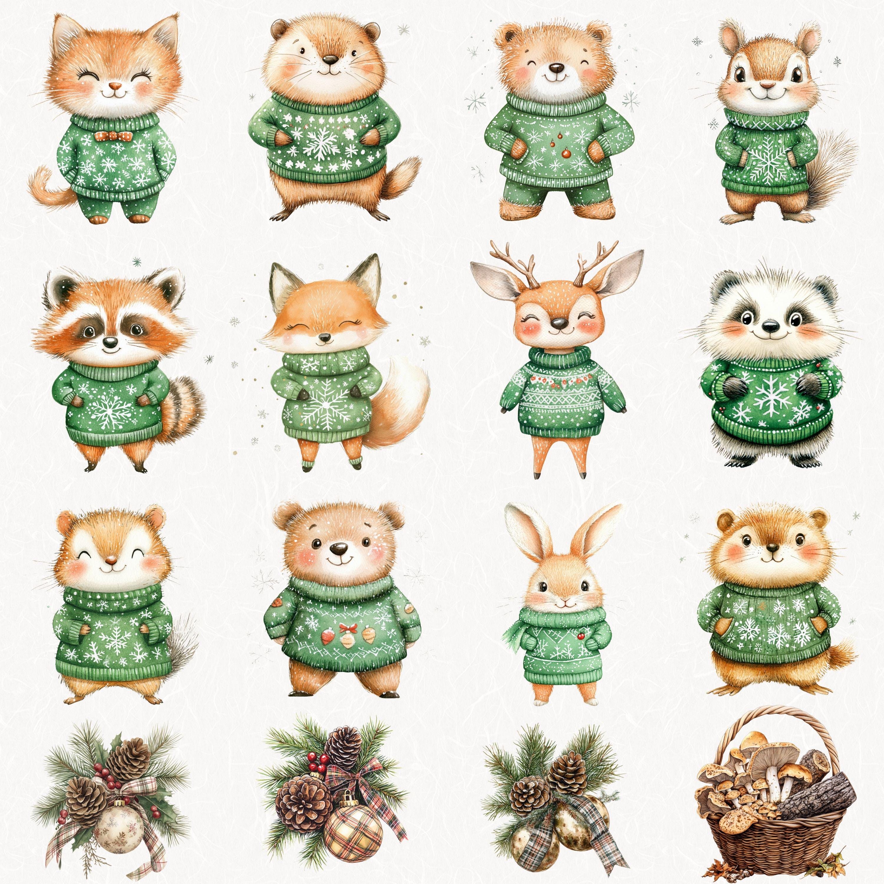 Christmas Woodland Animals Watercolor Clipart PNG, Cute Xmas Animals ...