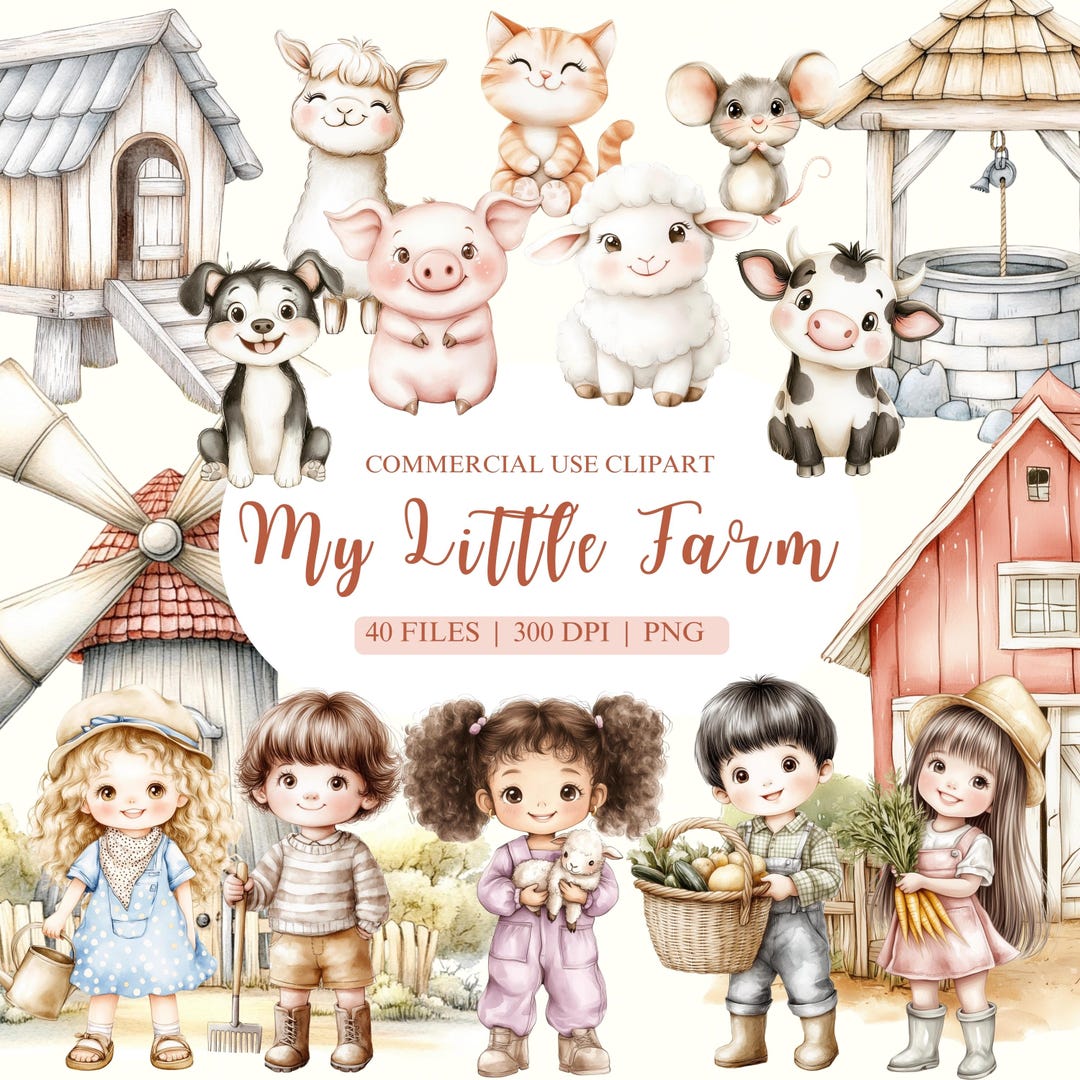 Watercolor Farm Clipart, Cute Farmers Clipart, Farm Life Clipart, Farm ...