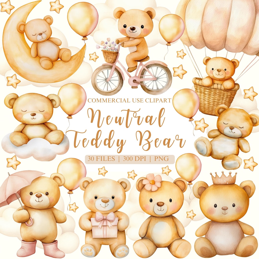 Neutral Teddy Bear Watercolor Clipart, Teddy Bear Clipart, Teddy Bear ...