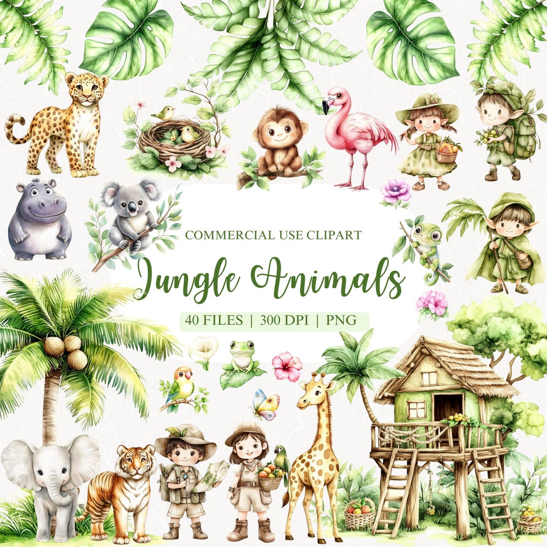 Watercolor Jungle Animals Clipart, Safari Animal PNG, Cute Jungle ...