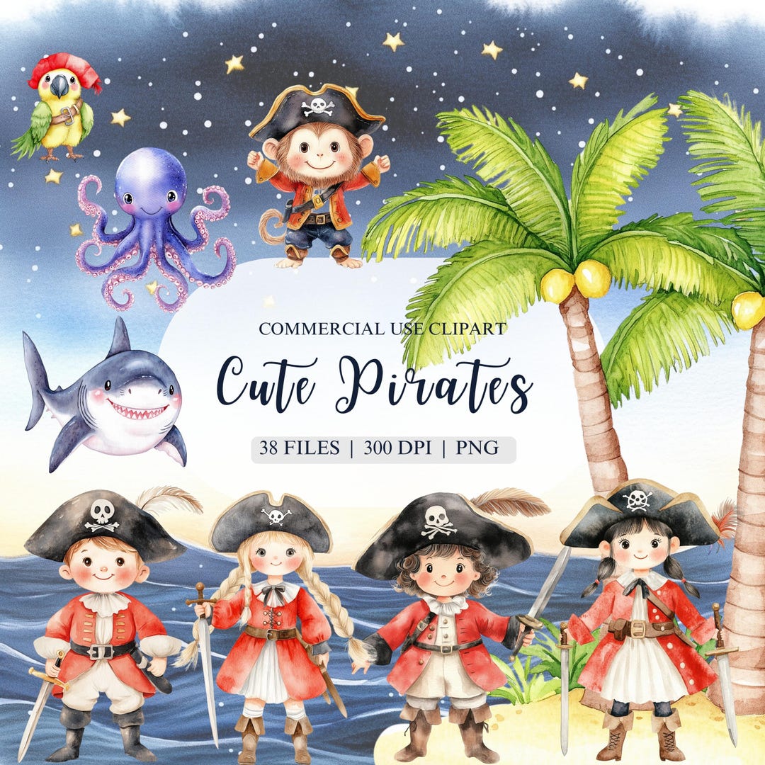 Watercolor Pirates Clipart, Cute Pirate PNG, Treasure Chest Clipart ...