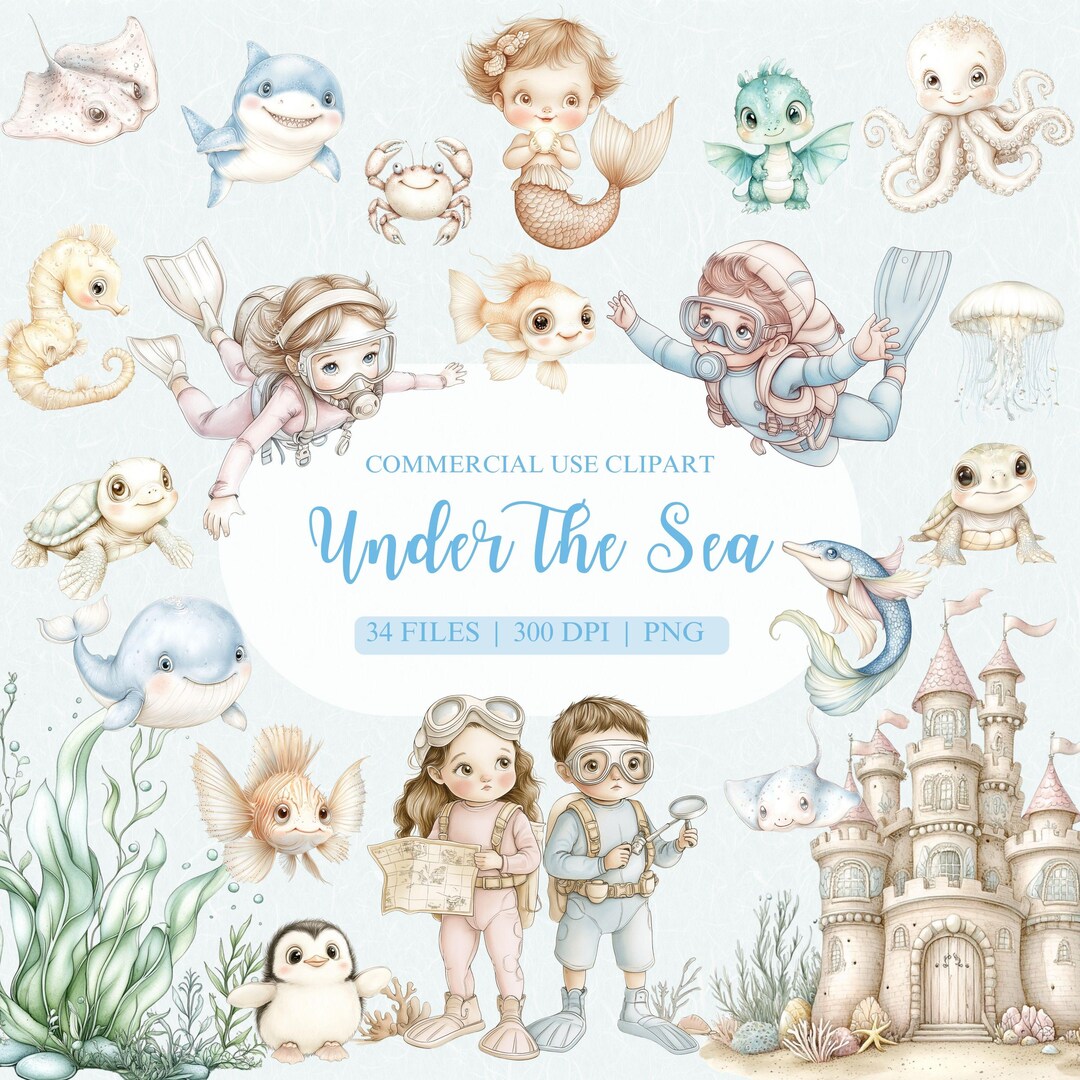 Watercolor Under the Sea Clipart, Diver Clipart, Undersea Baby Shower ...