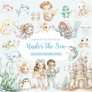 Watercolor Under the Sea Clipart, Diver Clipart, Undersea Baby Shower ...