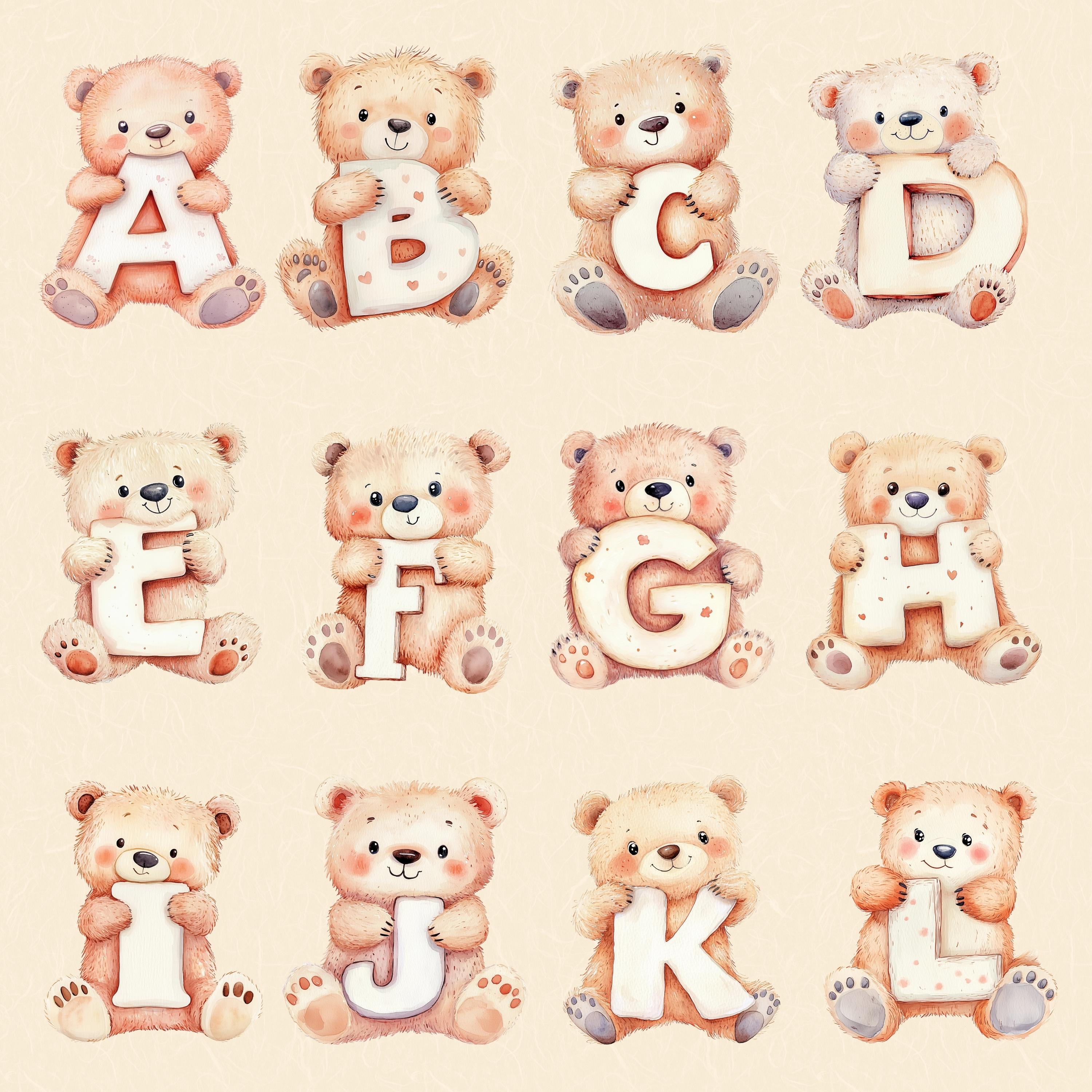 Teddy Bear Alphabet Clipart, Watercolor Animal Alphabet Clipart ...