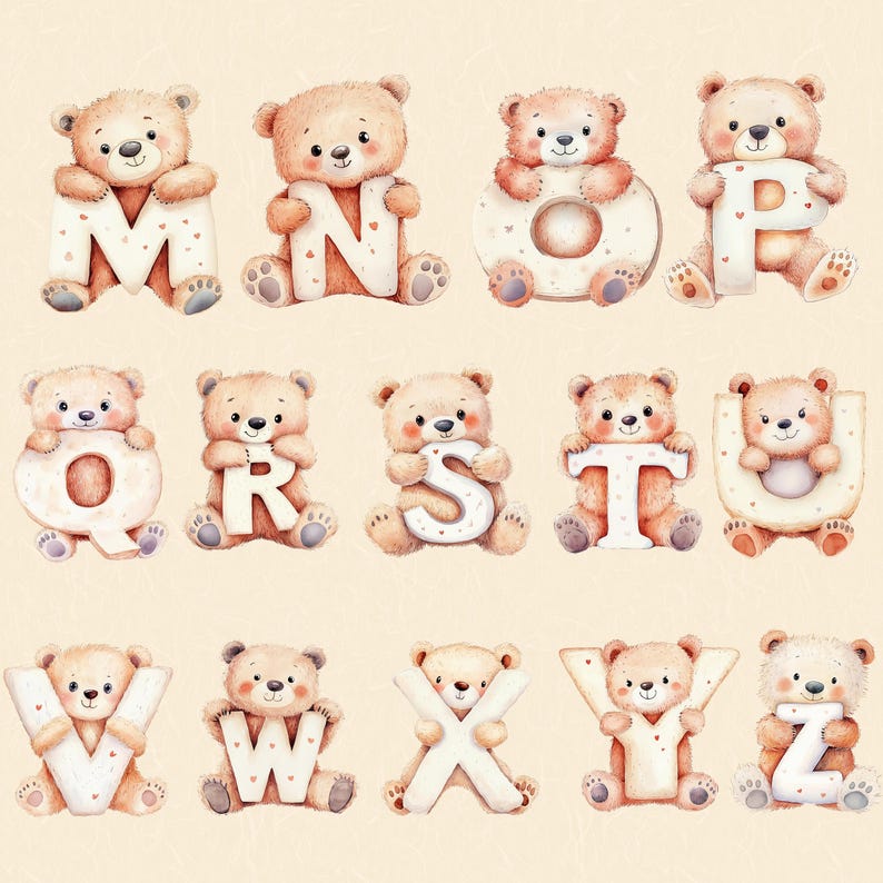 Teddy Bear Alphabet Clipart, Watercolor Animal Alphabet Clipart ...