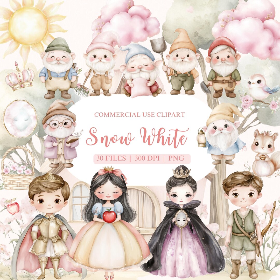 Snow White Watercolor Clipart, Seven Dwarfs Clipart, Fairy Tale Clipart ...