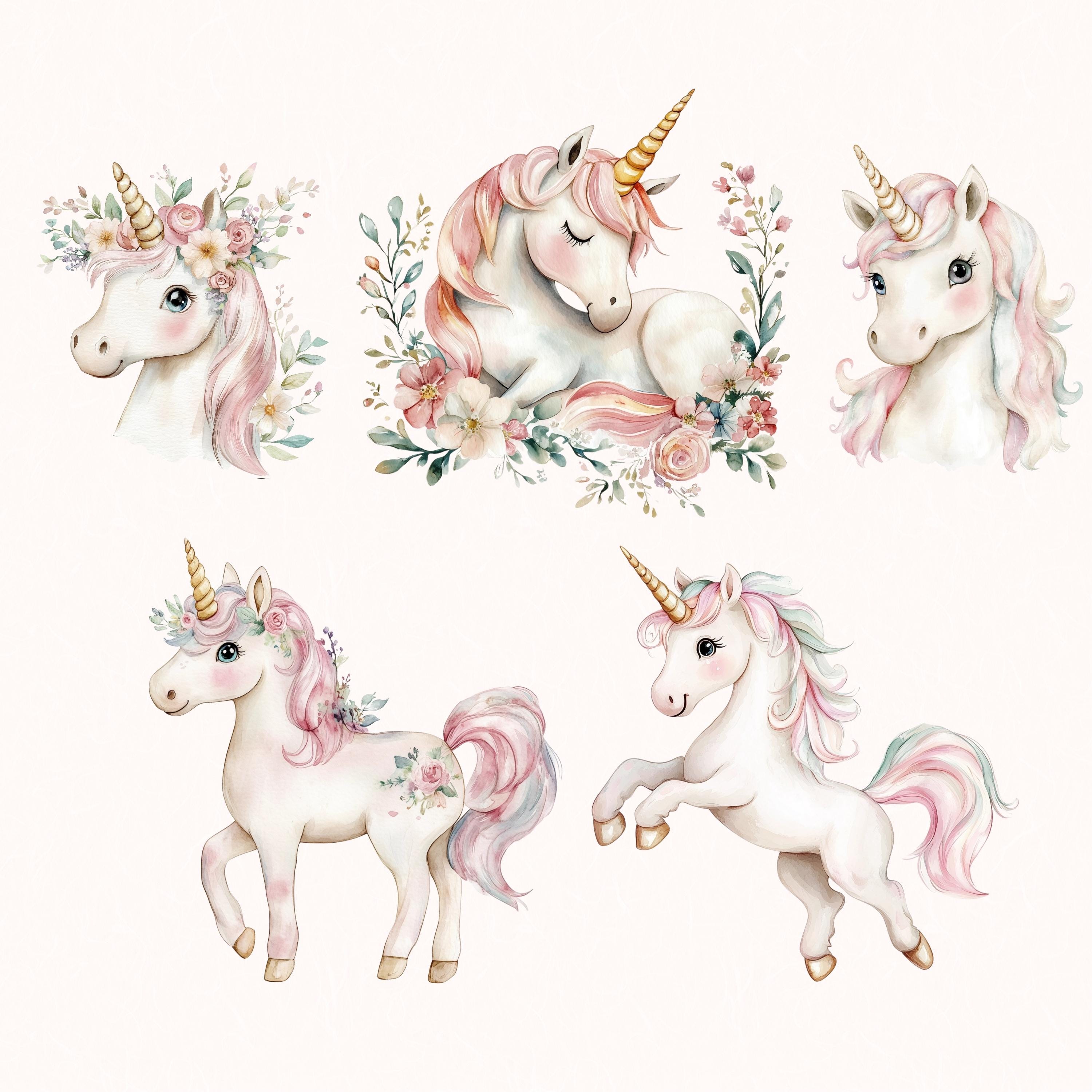 Rainbow Unicorn Watercolor Clipart, Floral Unicorn Clipart, Unicorn PNG ...