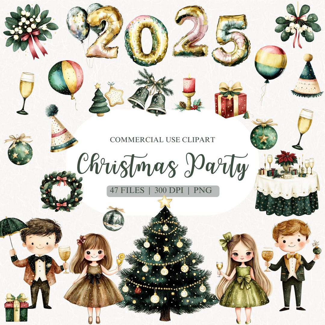 Watercolor Christmas Party Clipart, New Years PNG, New Years Clipart ...