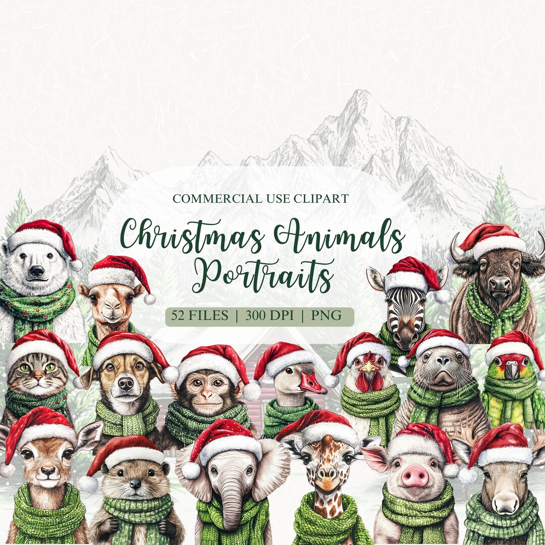 Cute Christmas Animal Portraits Clipart Bundle, Forest Animals Png ...