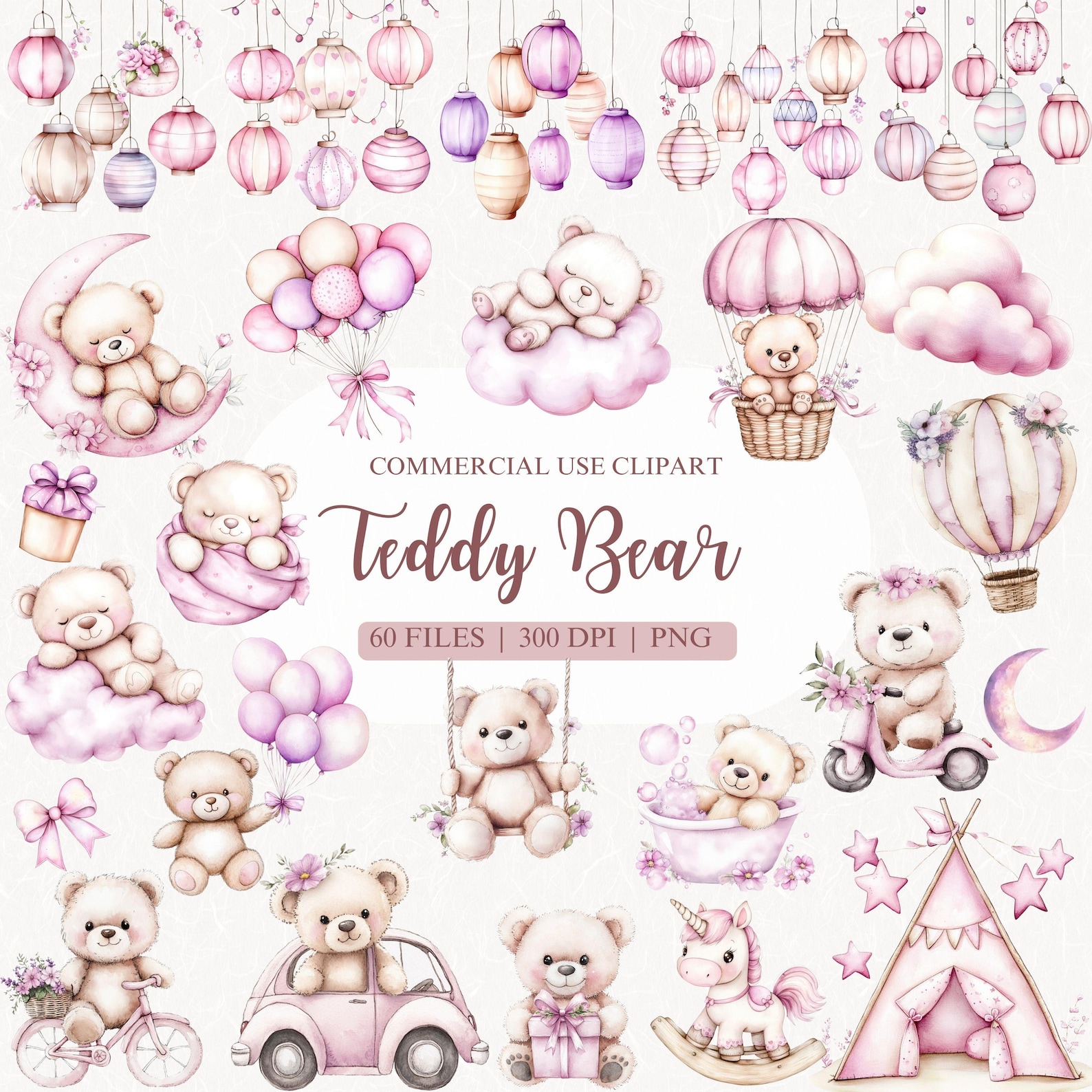 Watercolor Pink Teddy Bear Clipart Bundle, Sleppy Teddy Bears, Bear PNG ...