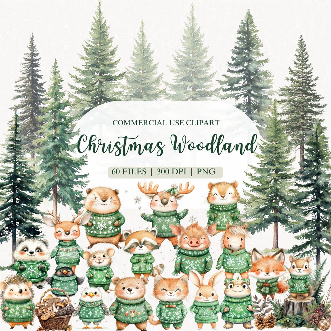 Christmas Woodland Animals Watercolor Clipart PNG, Cute Xmas Animals ...
