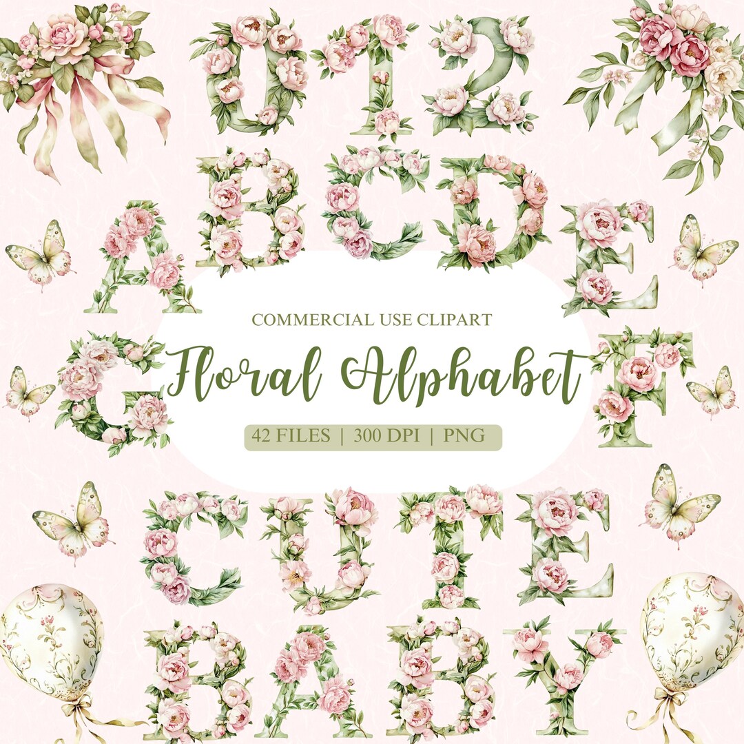 Watercolor Floral Alphabet Clipart, Baby Milestone Clipart, Pink ...