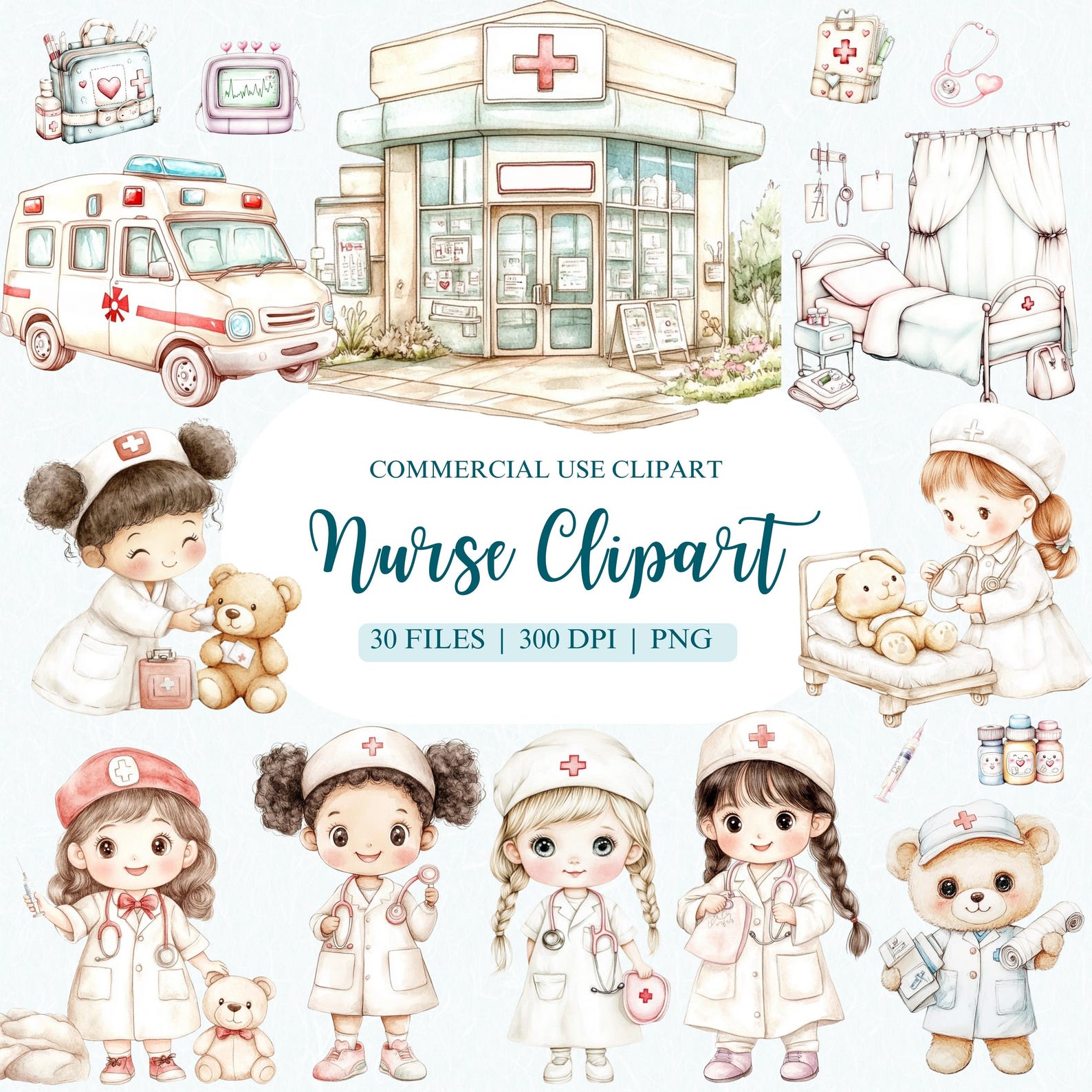 Watercolor Nurse Clipart Set, Nurse PNG, Black Nurse Clipart, Chibi Nurse Clipart, Stethoscope ...