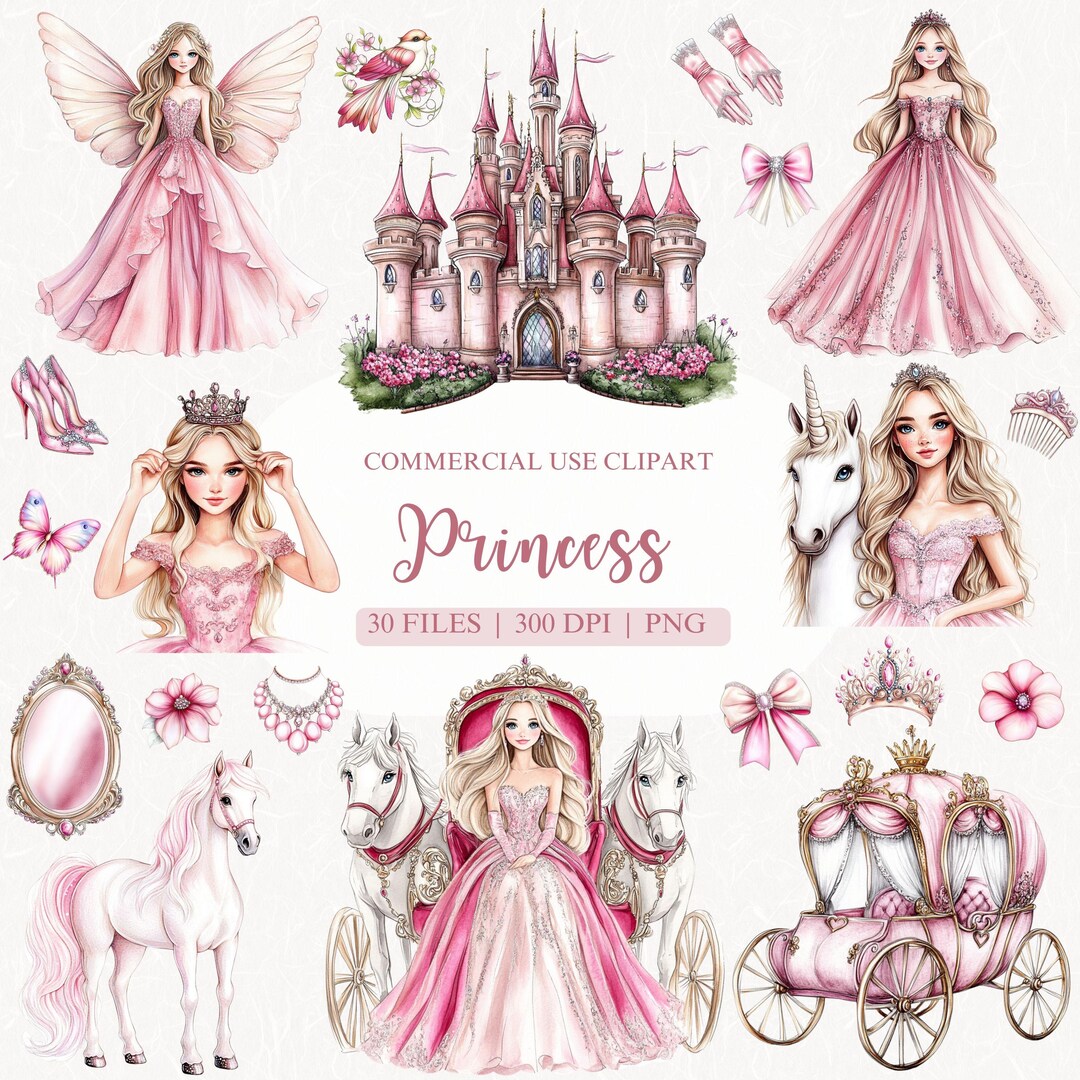 Watercolor Pink Princess Clipart, Princess Castle Clipart, Fairytale ...