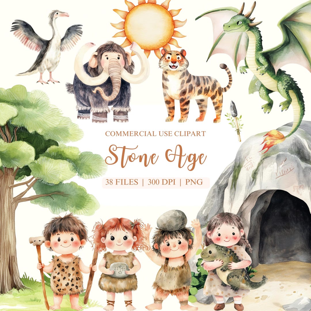 Stone Age Watercolor Clipart, Dinosaur Clipart, Prehistoric Kids ...