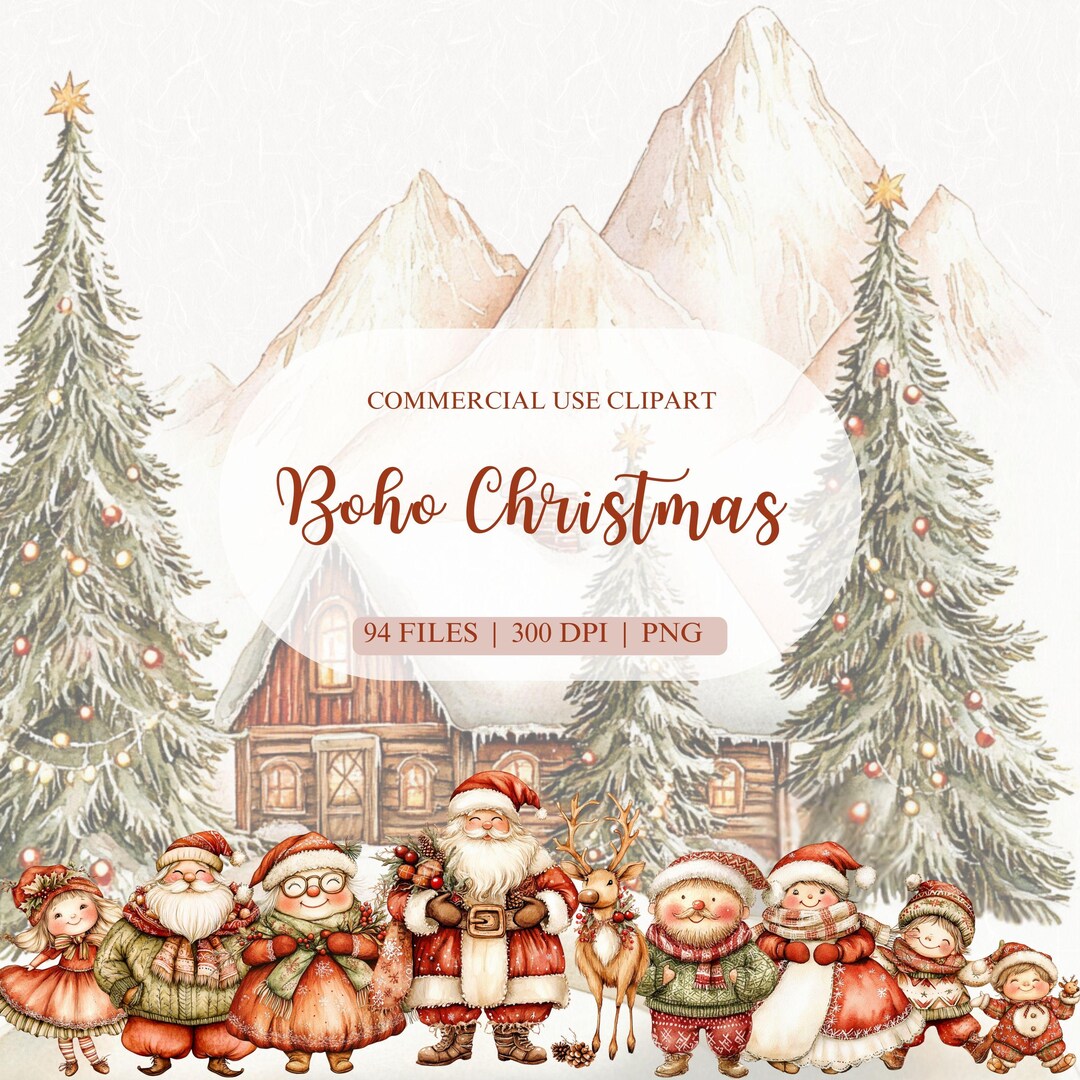 Boho Christmas Watercolor Clipart Bundle, Cute Christmas Family, Santa ...
