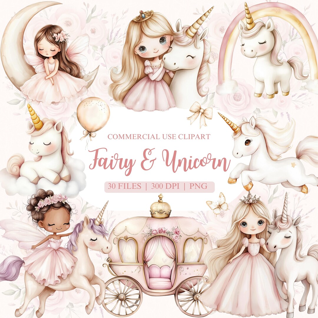 Watercolor Fairy and Unicorn Clipart, Pink Fairy PNG, Unicorn PNG ...
