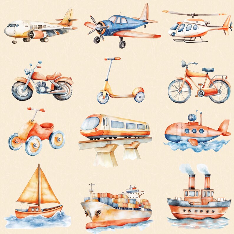 Transportation Watercolor Clipart, Boy Birthday Clipart, Vehicle ...