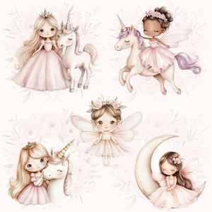 Watercolor Fairy and Unicorn Clipart, Pink Fairy PNG, Unicorn PNG ...
