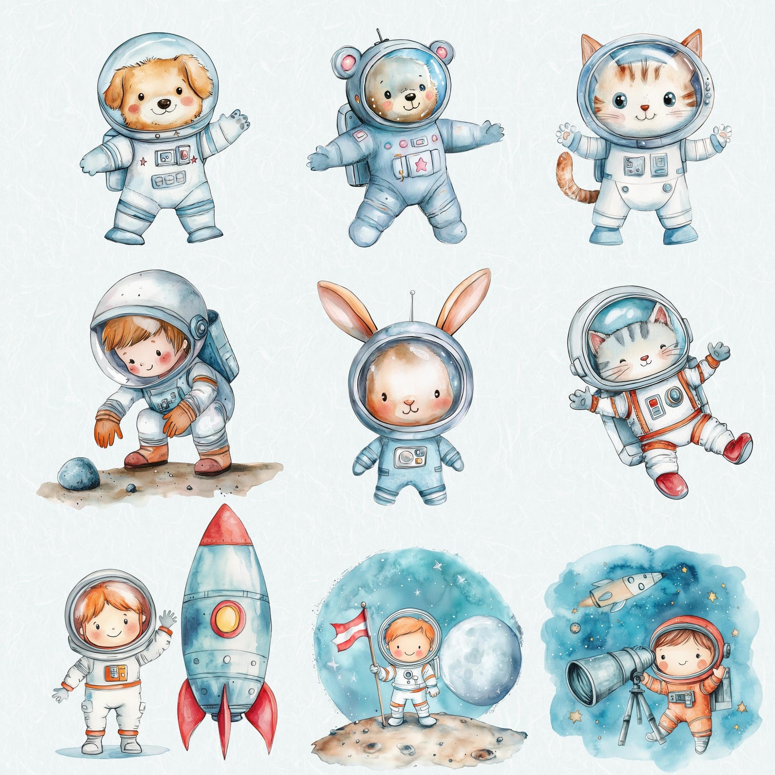 Astronaut Watercolor Clipart, Space Clipart, Boy and Girl Birthday ...