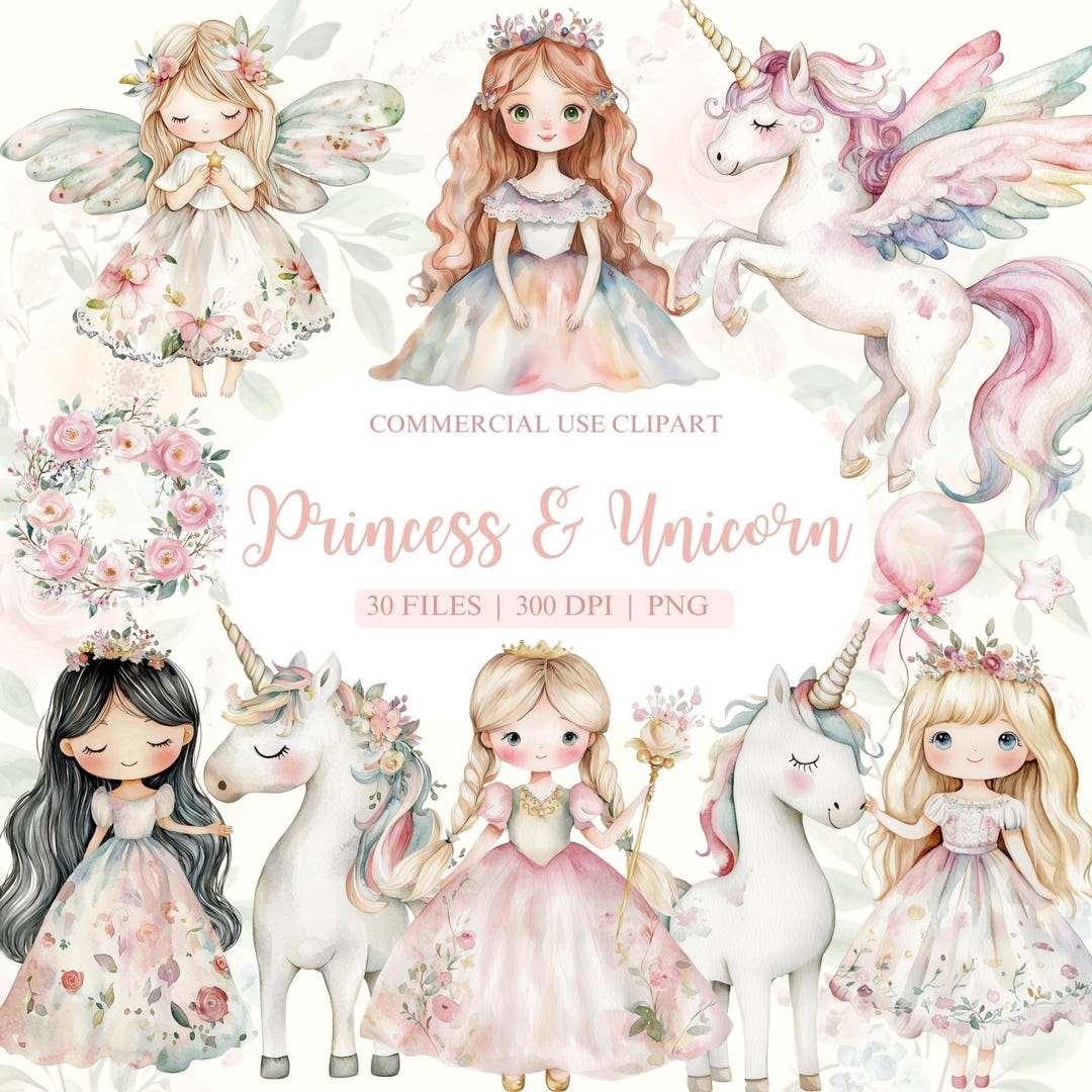 Rainbow Princess and Unicorn Clipart, Pink Princess, Rainbow Unicorn ...