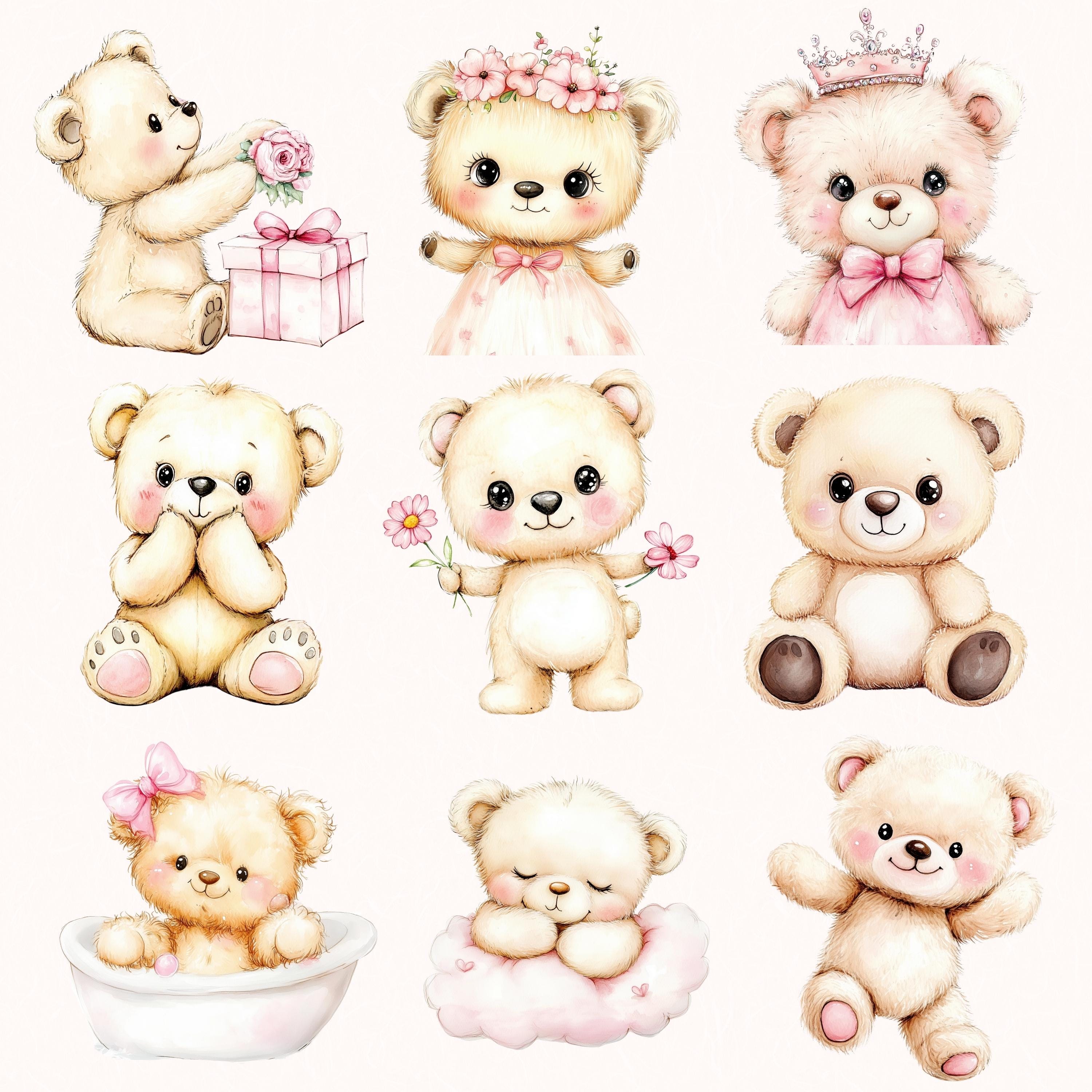 Pink Teddy Bear Clipart, Sleepy Teddy Bear PNG, Baby Girl Clipart, Girl ...