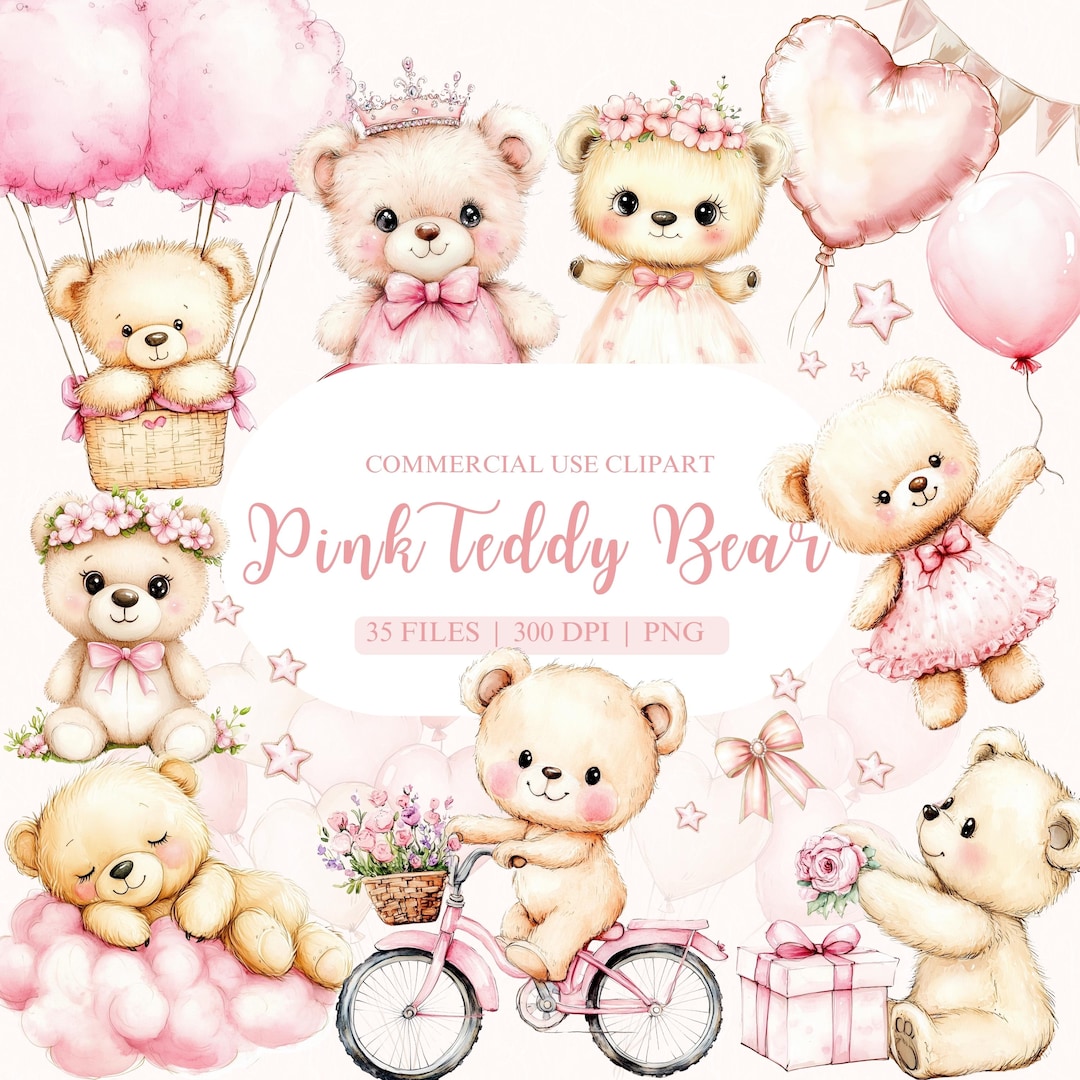 Pink Teddy Bear Clipart, Sleepy Teddy Bear PNG, Baby Girl Clipart, Girl ...