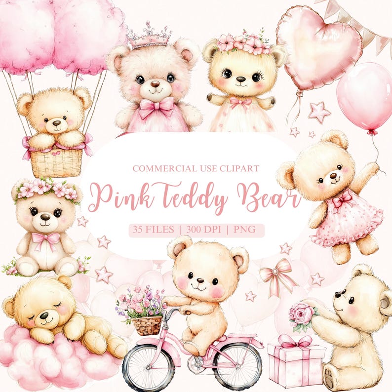 Pink Teddy Bear Clipart, Sleepy Teddy Bear PNG, Baby Girl Clipart, Girl ...