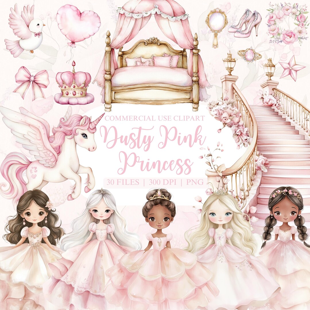 Pink Princess Watercolor Clipart, Dusty Pink Princess, Unicorn PNG ...