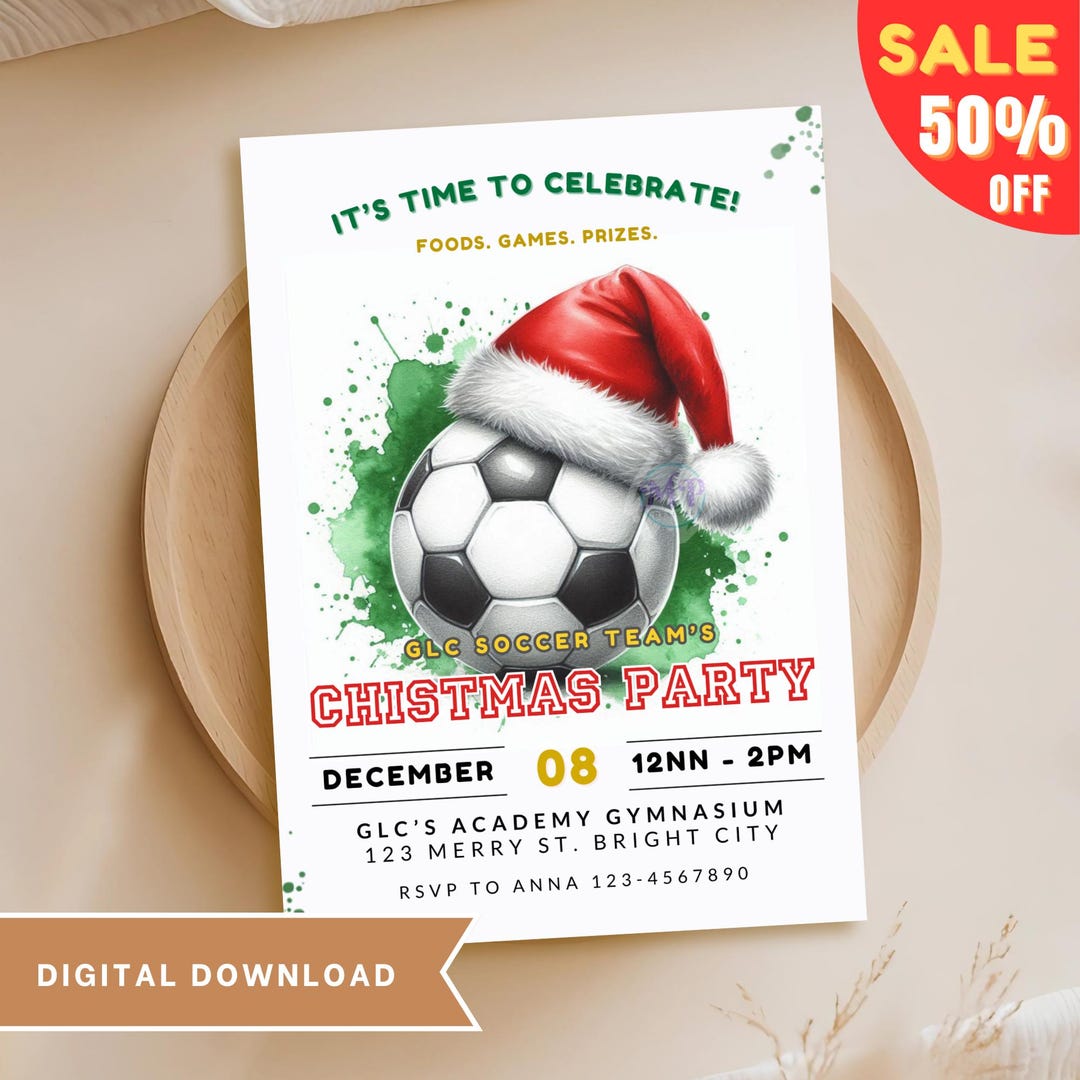 Soccer Christmas Party Invitation, Soccer Santa Holiday Invite, Festive ...