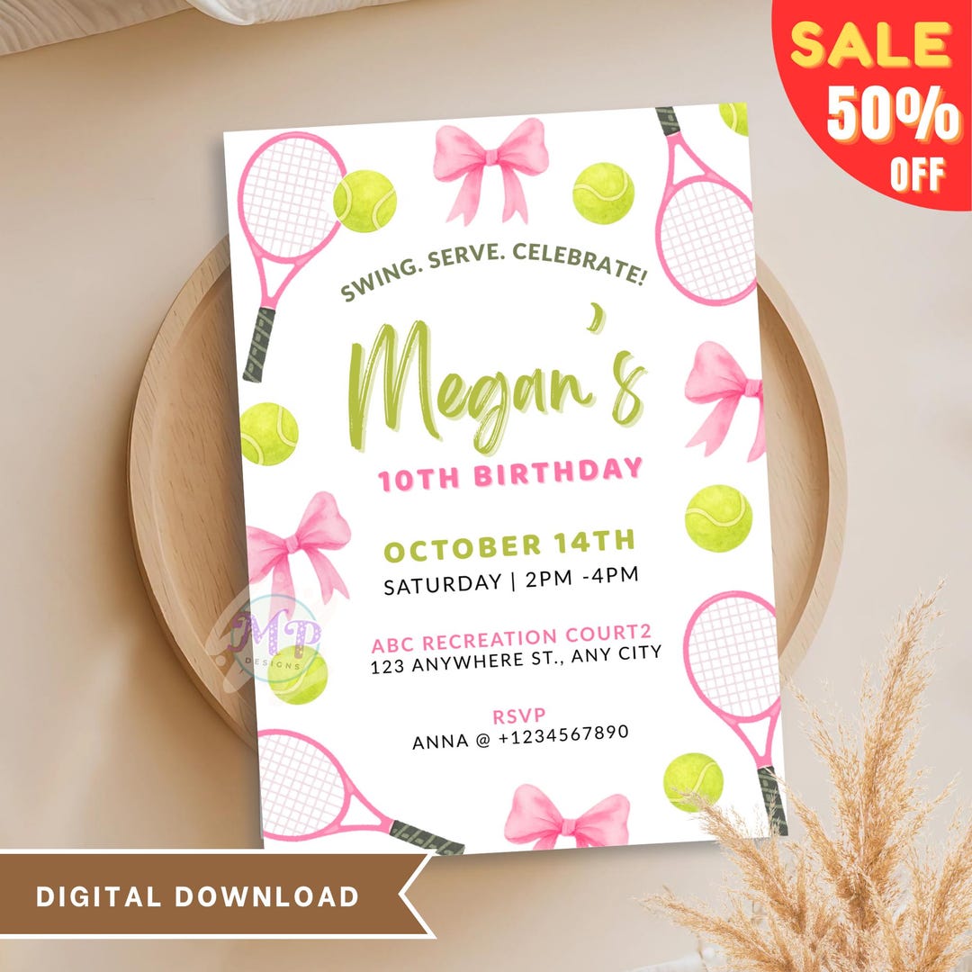 Lawn Tennis Party Invitation, Watercolor Pink Coquette Bow Invite ...