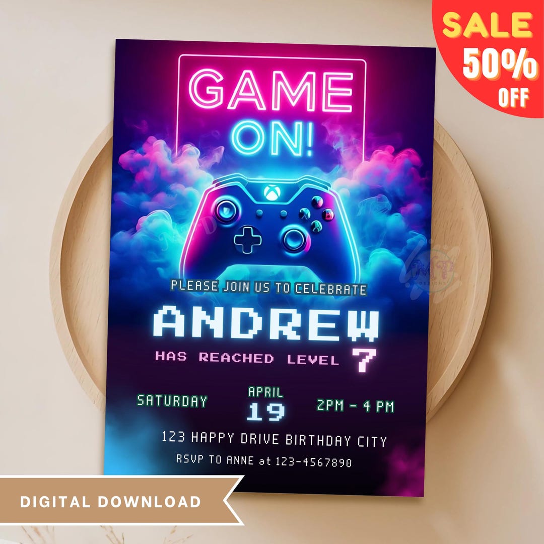 Editable Gaming Party Invitation, Printable Neon Glow Video Game ...