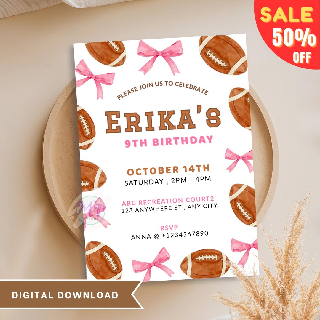 Watercolor Football Birthday Invitation With Pink Bow, Girls Sports ...