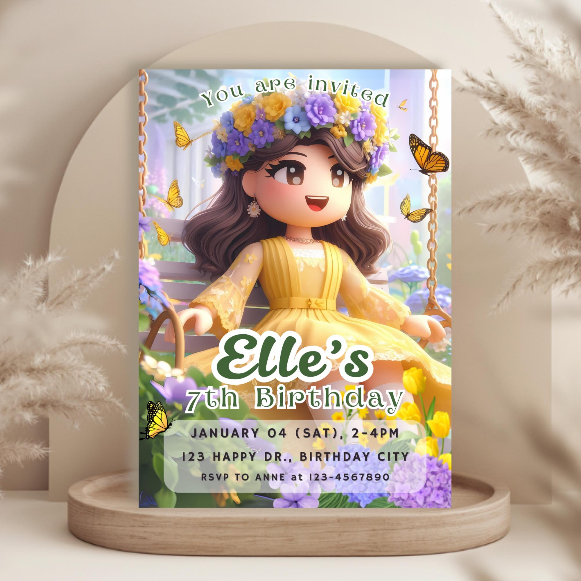 Roblox Girl Birthday Invitation, Yellow Birthday Invitation, Flower ...