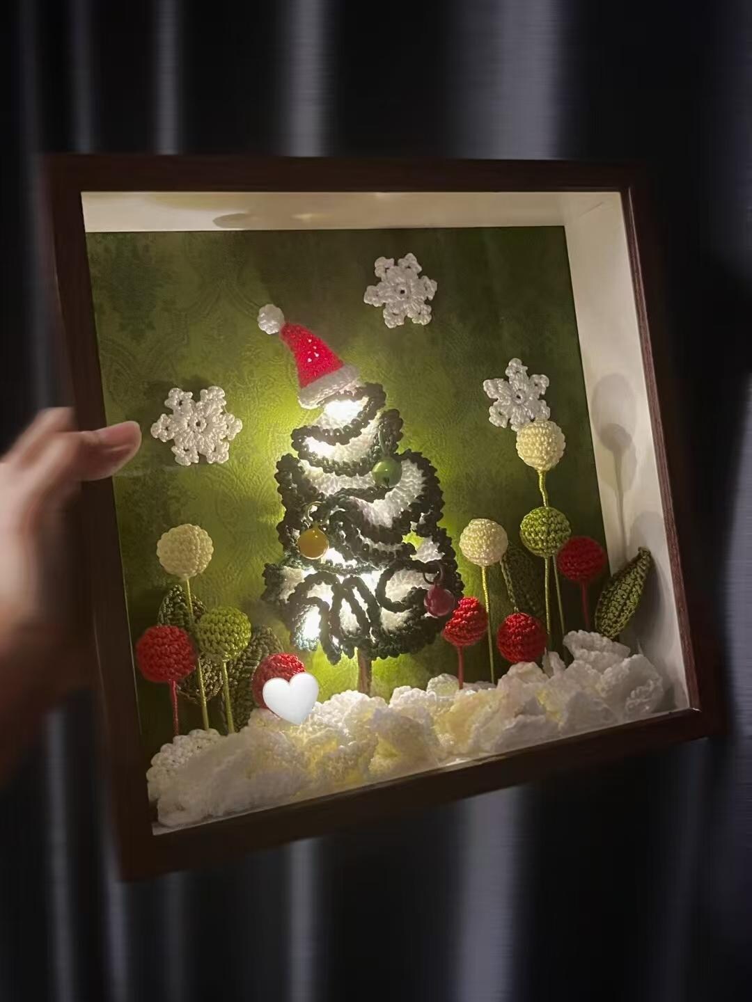 Whimsical Christmas Tree Shadow Box With LED Lights and Crochet Trees ...