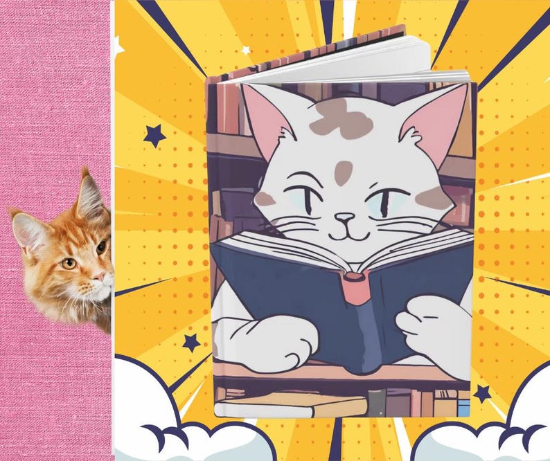 Cute Cat Hardcover Journal, Gift for Cat Lovers, Writing Notebook, Back ...