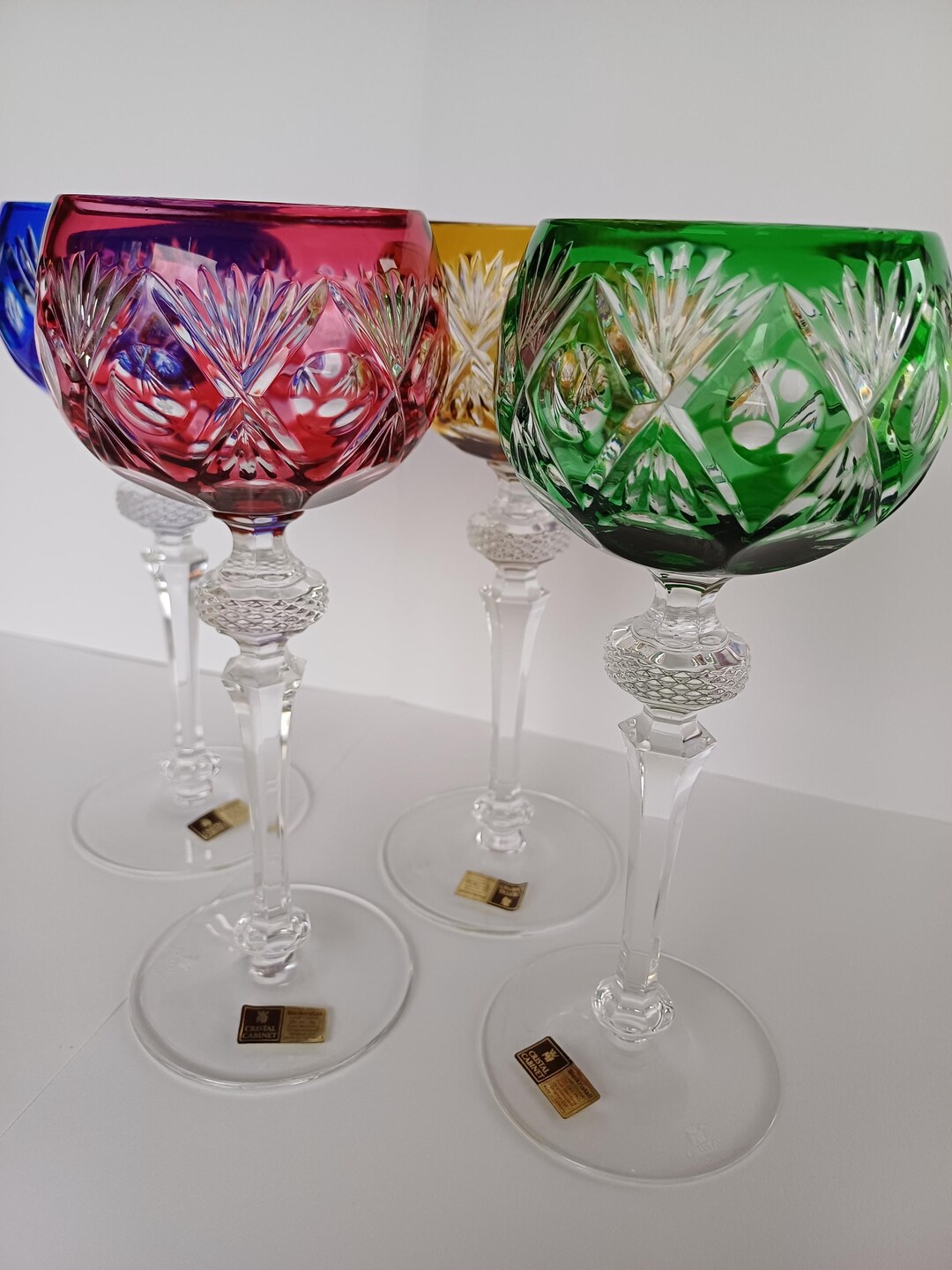 WMF Cristal Cabinet 4 Multi Colour Crystal Wine Glasses Handcut Set of ...