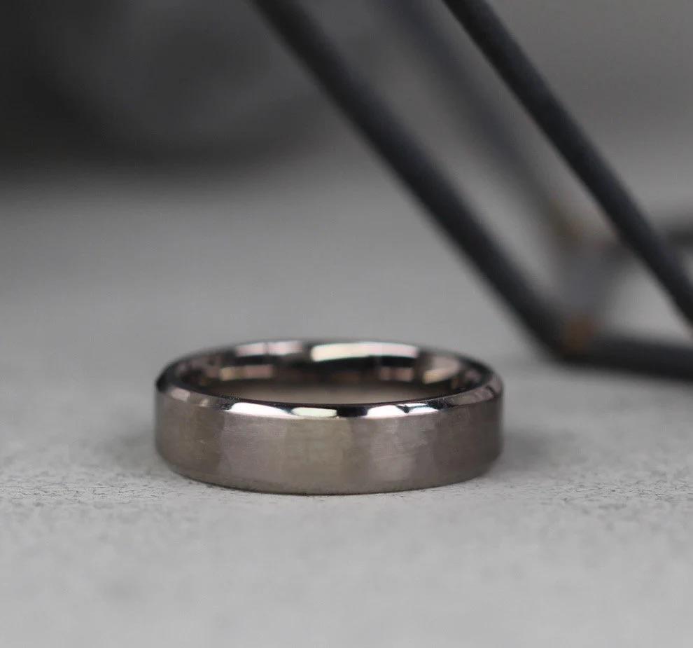 Titanium Wedding Ring Bevelled Edges, Hammered Matt Finish Middle ...