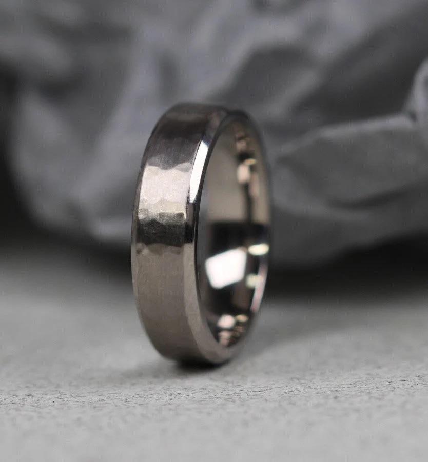 Titanium Wedding Ring Bevelled Edges, Hammered Matt Finish Middle ...