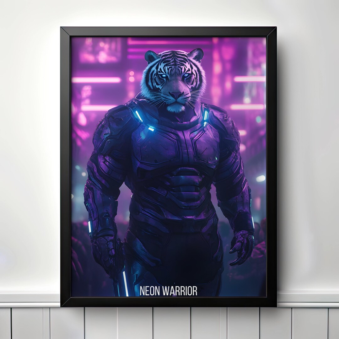 Neon Warrior Tiger Poster Sci-fi Digital Art Futuristic Tiger in Armor ...