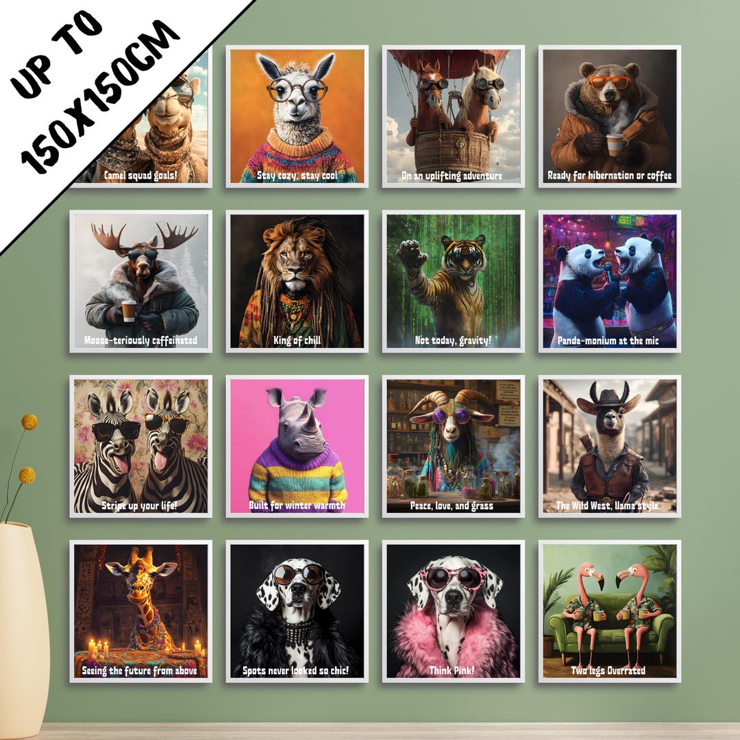 16 Funny Animal Art Prints | Quirky Animal Wall Art Set | Digital ...