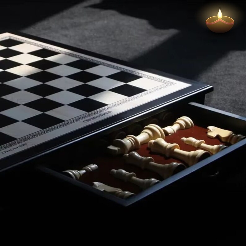 Wooden Chess Set Large Size Board Built-in Storage Drawer Extra Queens Wooden Chess Pieces Adult ...