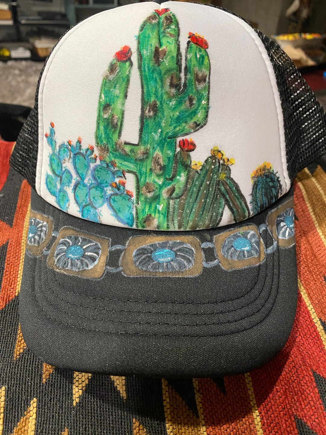 Truckers Hat With Hand Painted Cactus and Turquoise Belt Embellished on ...