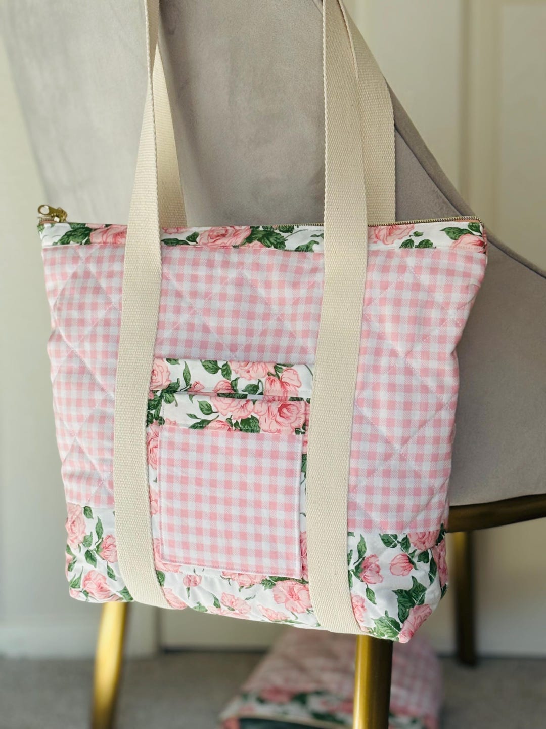 Pink Quilted Tote Bag, Pretty Tote Bag With Pockets, Handmade Tote ...