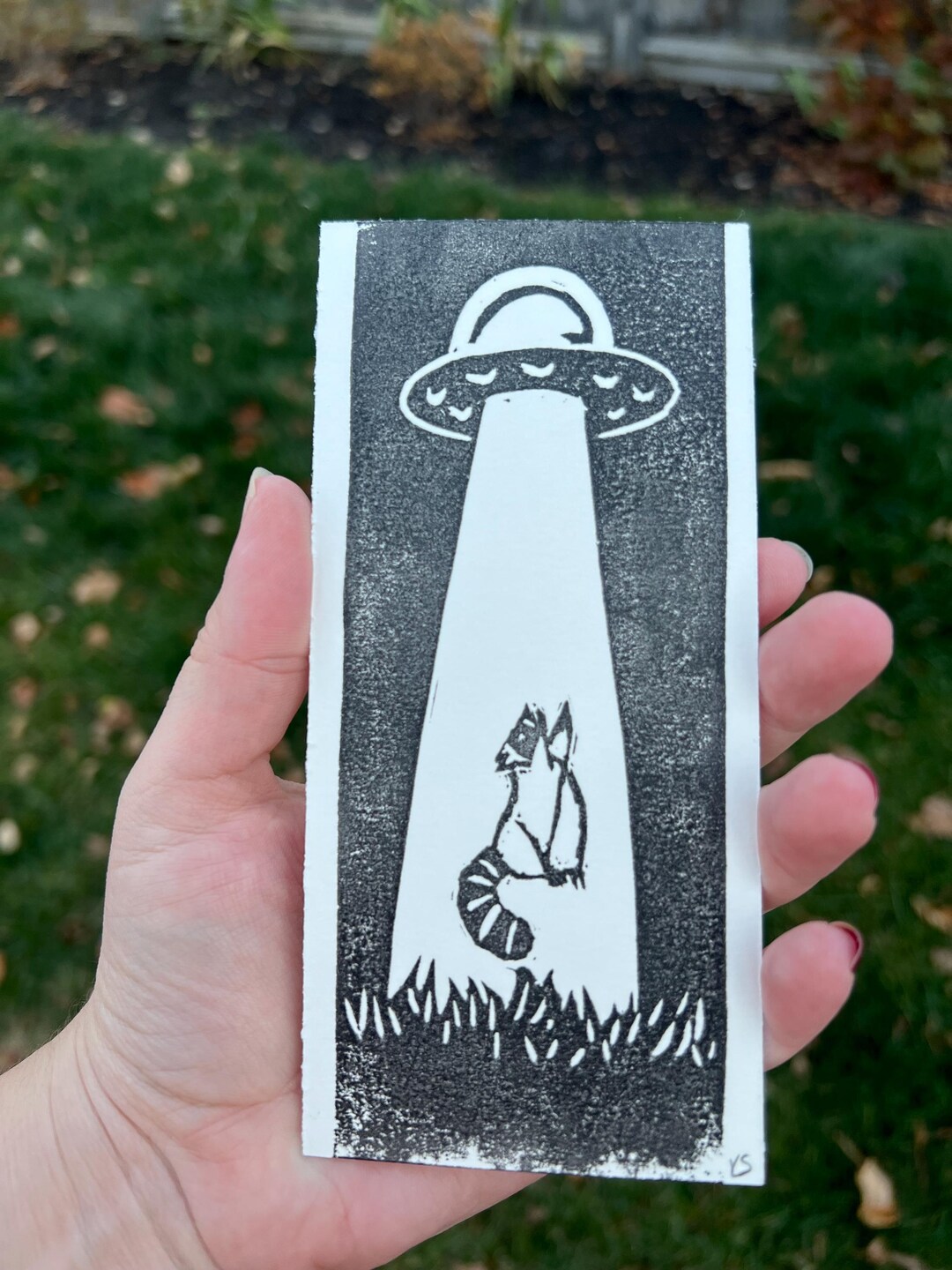 UFO Abduction Linocut Print: Raccoon in Trash Beam, Handmade Art (3x9 ...