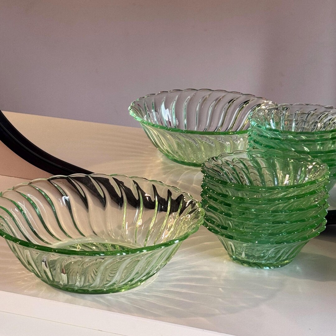 Vintage Depression Glass Bagley Green Glass 'carnival Swirl' Dessert ...